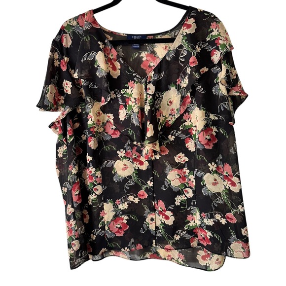 Chaps | Tops | Chaps Floral Ruffle Blouse Sheer Top Elegant Party Black ...